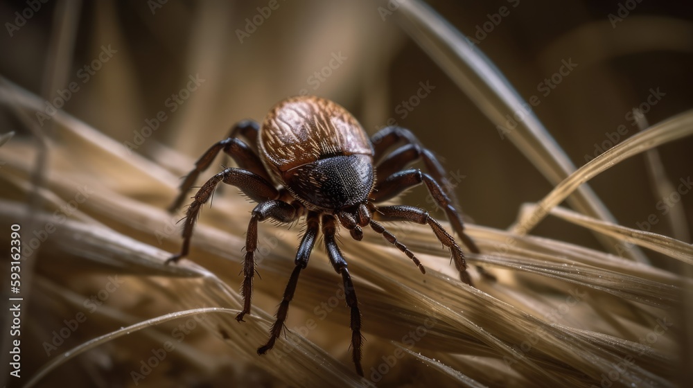ภาพประกอบสต็อก Tick Clinging to a Grass Straw, Revealing Intricate ...