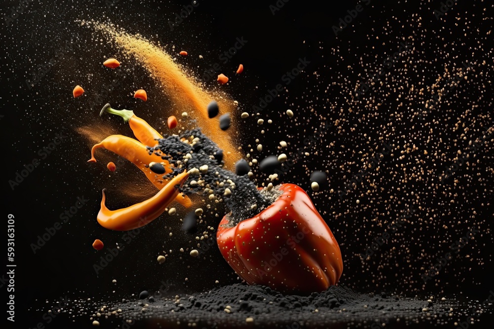 Pepper flying in the air and orange spice powder explosion on a black ...