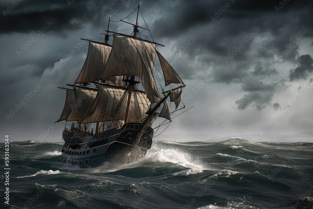 pirate ship, sails billowing in the wind, leaving behind a stormy sea ...