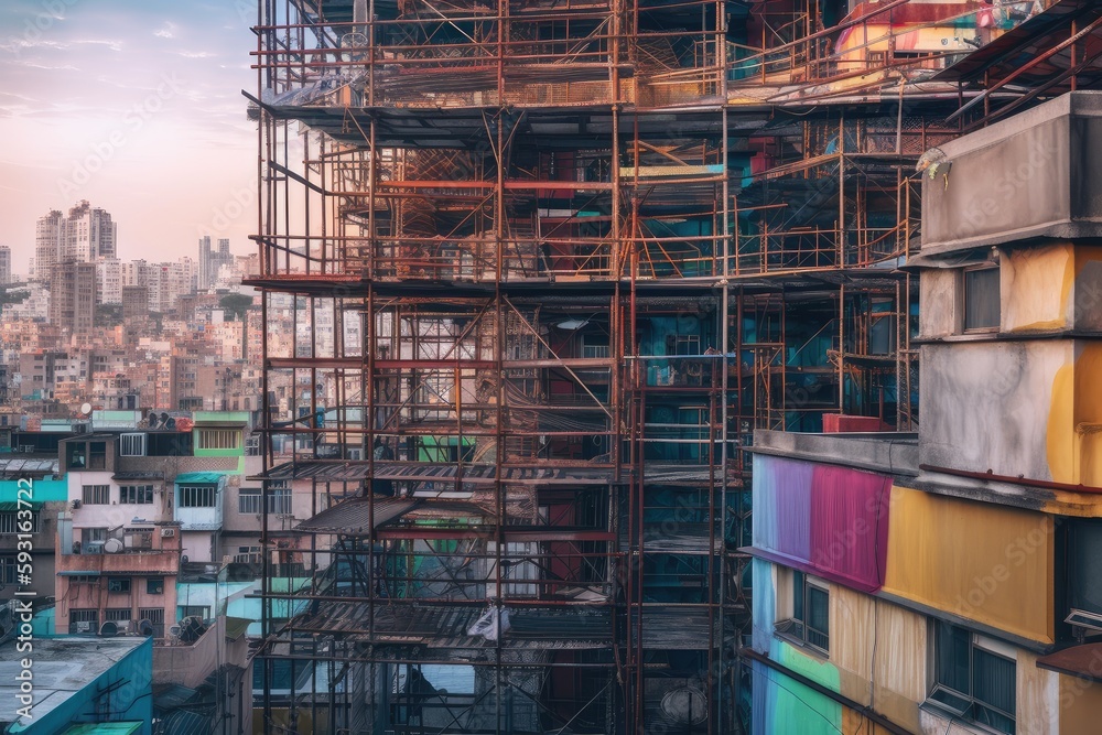 suspended scaffolding against colorful backdrop of cityscape, created ...