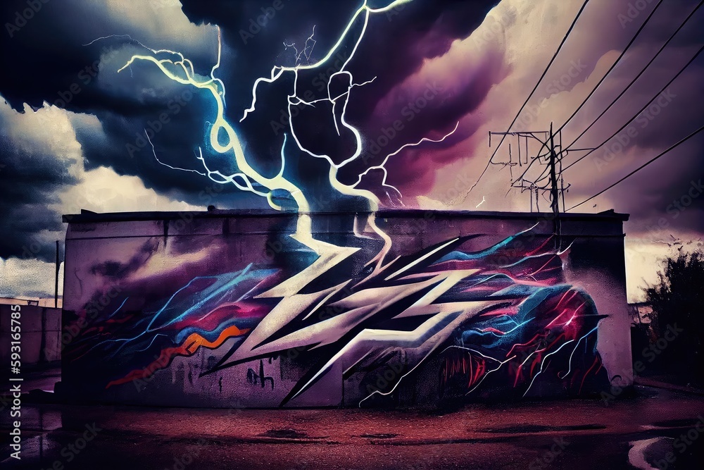 graffiti art, depicting a stormy sky and dramatic clouds, with ...