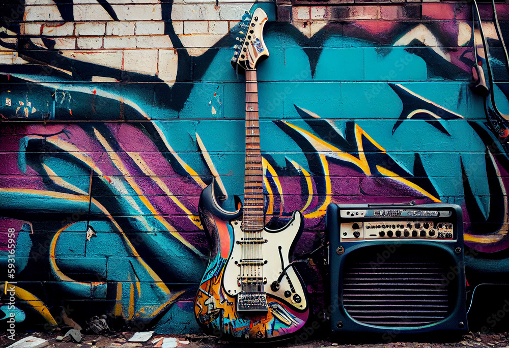 electric guitar and amplifier, perfectly captured against an urban ...