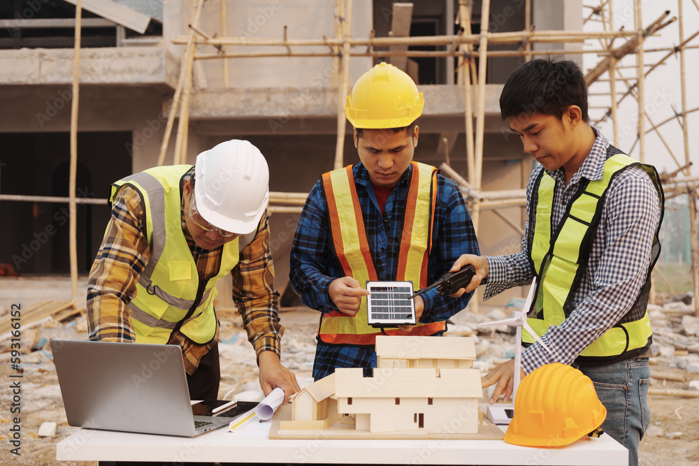 Team of engineer and worker checking construction site outdoors ...