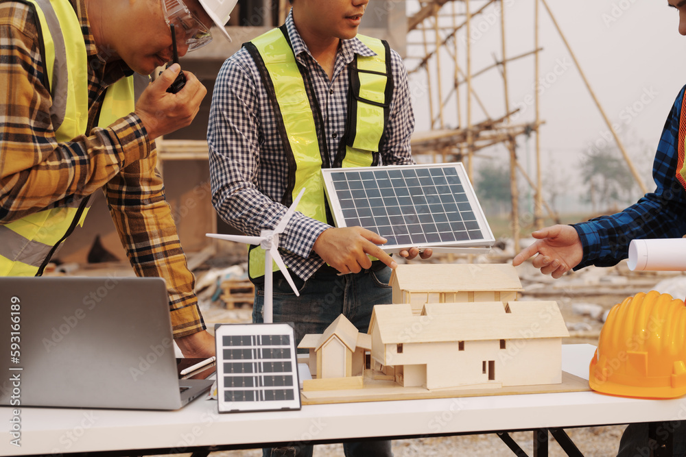 Foto de Team of engineer and worker checking construction site outdoors ...