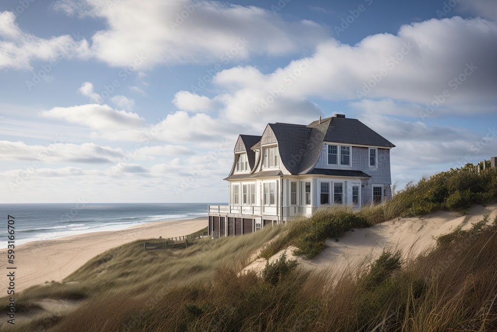cape cod house exterior with view of rolling dunes and sparkling ocean ...