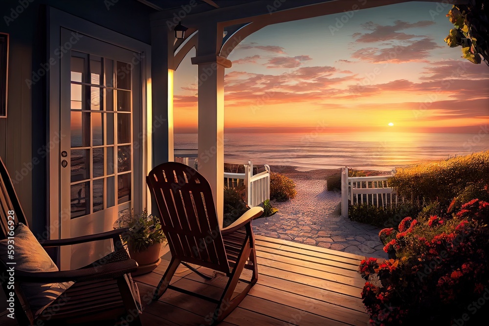 patio, with view of sunset over the ocean, and rocking chair for ...