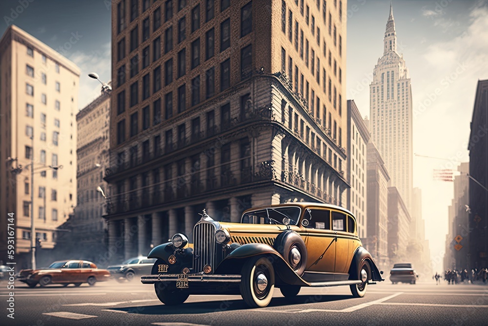 vintage car driving through busy downtown street, with tall buildings ...