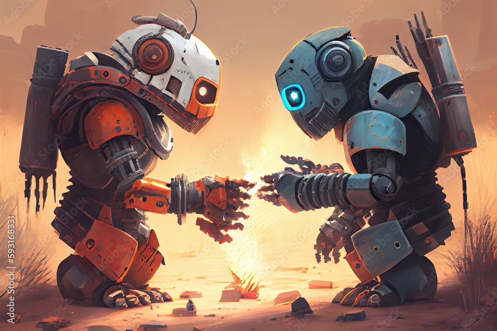 two robots, one with a friendly and warm exterior and the other sleek ...