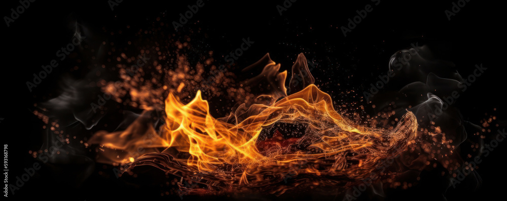 Powerful flames and sparks of a burning fire on a dark backdrop ...