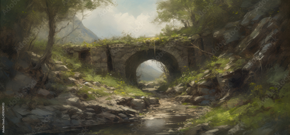 Ancient stone archway bridge in ruins, last remnants of mossy stone ...