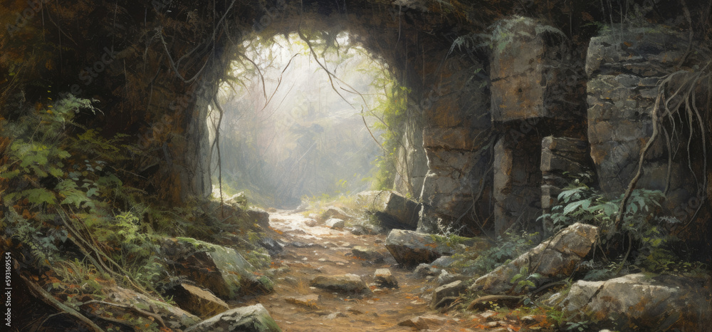 Ancient stone archway bridge in ruins, last remnants of mossy stone ...