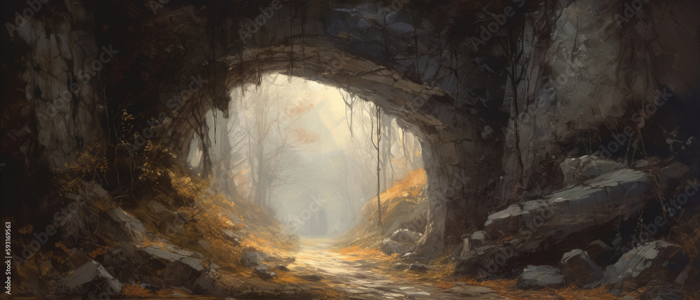 Ancient stone archway bridge in ruins, last remnants of mossy stone ...