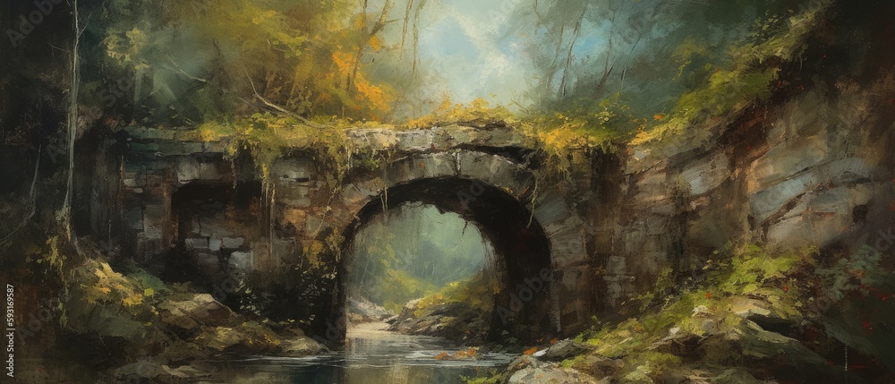 Ancient stone archway bridge in ruins, last remnants of mossy stone ...