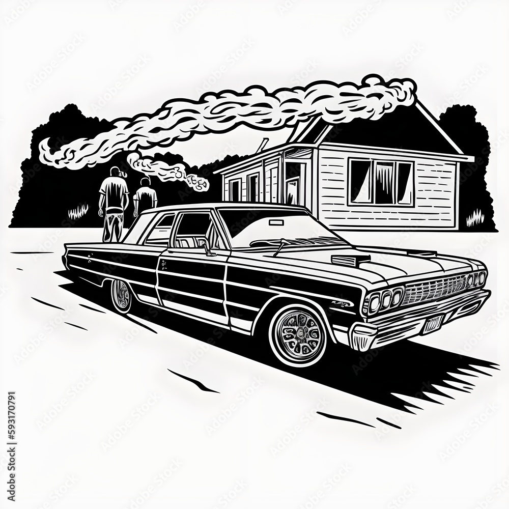 two guys hanging out of an old school west coast low rider driving ...