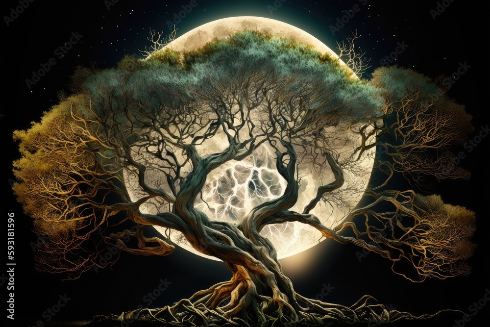 majestic tree with wispy branches and a full moon shining down on it ...
