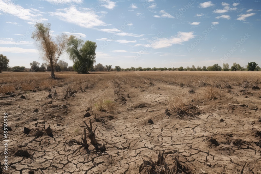 drought-stricken field with dried crops and cracked ground, created with generative ai ...