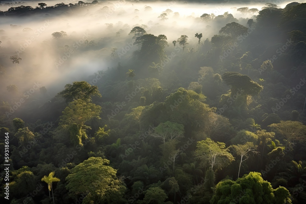 amazons rainforest, viewed from above, with misty clouds and sunlight ...