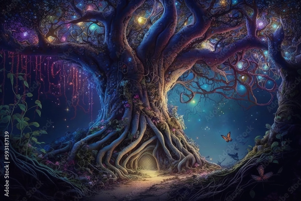 magical trees growing in the heart of enchanted forest, with fairies ...