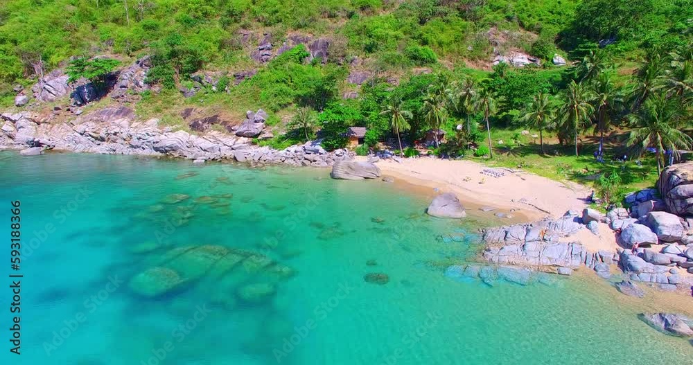 aerial Top view, hidden beach is round shape with smooth white sand ...