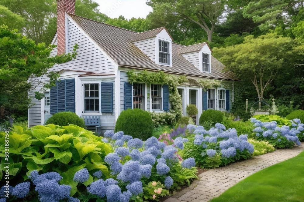 cape cod house exterior with classic white siding and blue shutters in ...