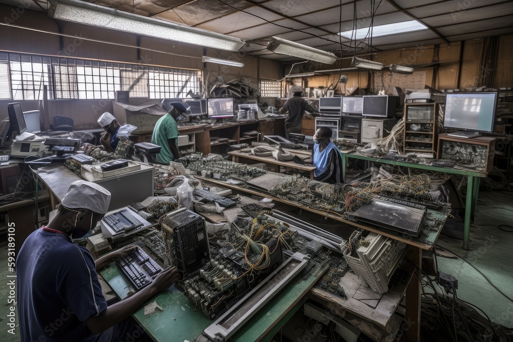 electronic recycling facility, with staff sorting through and recycling ...