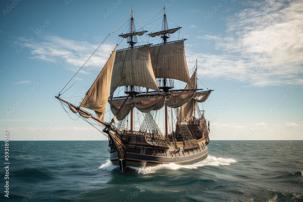 pirate ship, with sails unfurled and gunports ready to fire, on journey ...