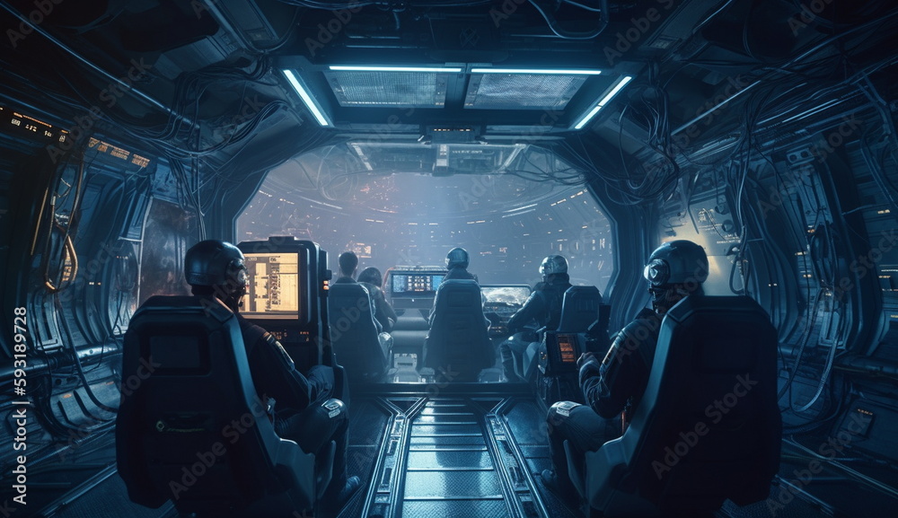 A team of astronauts with futuristic suit sitting inside a giant ...