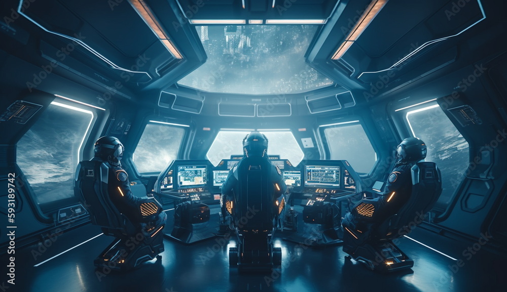 A team of astronauts with futuristic suit sitting inside a giant ...