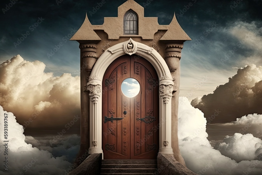 medieval castle with grand wooden door to heaven, opening up to the ...