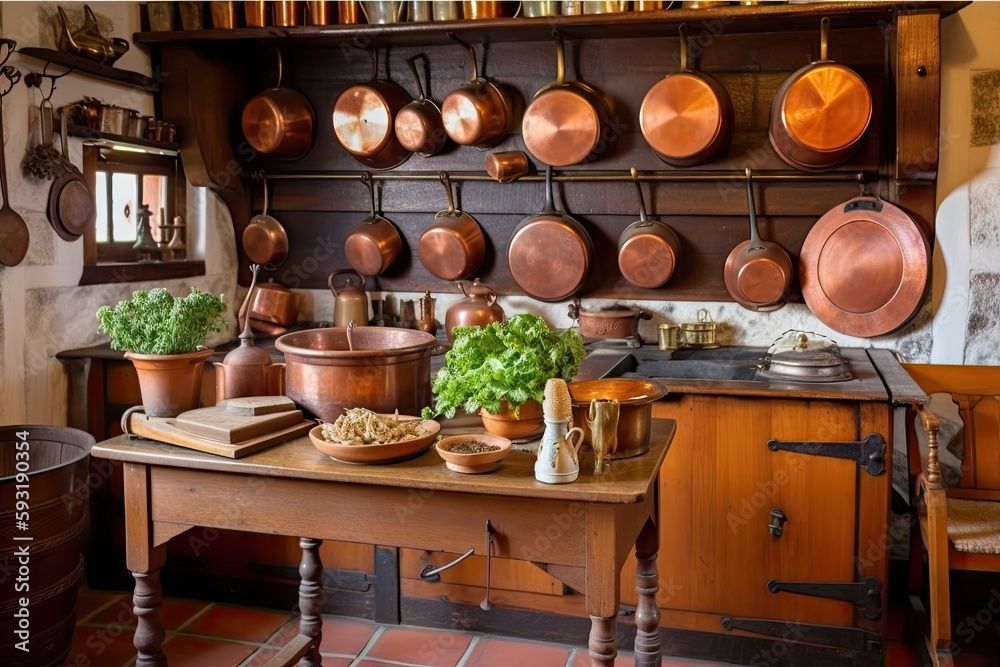 old-fashioned kitchen with wooden cabinets, copper pots, and baking ...