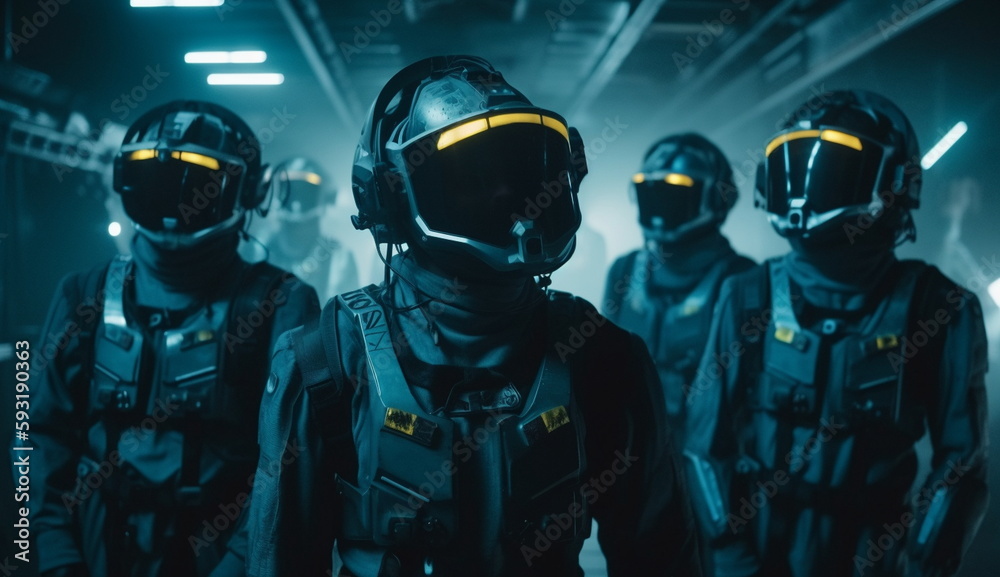 Portrait of Futuristic cyber soldier with full group. Based on ...