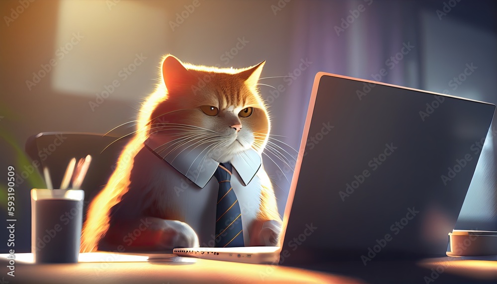 corporate manager concept, cute cat in business suit, office, cartoon ...