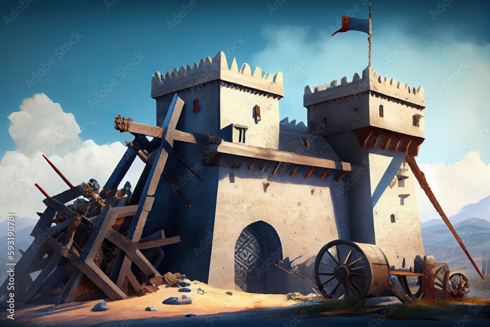 storming a medieval fortress with siege weapons, including trebuchets ...