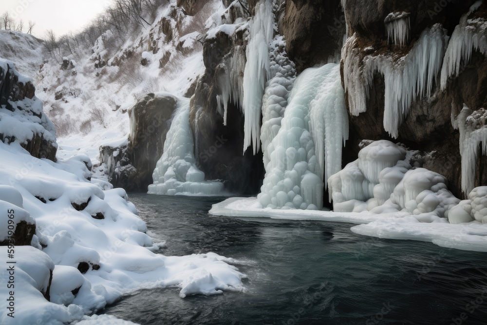 spectacular frozen waterfall, with ice forming unique patterns and ...