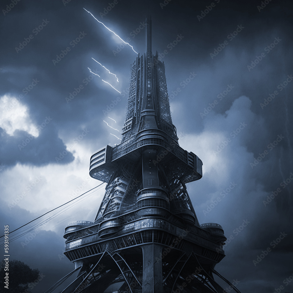 tech tower with colorful skyline and clouds Vector illustration with ...