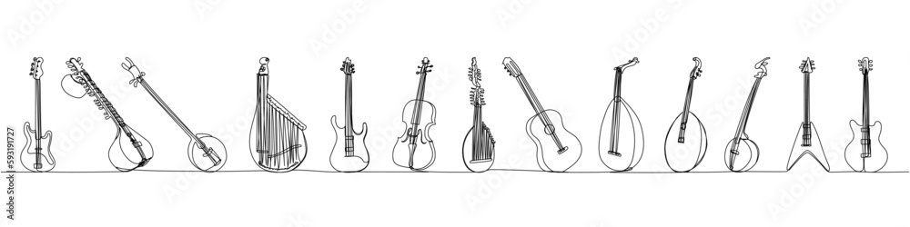 String musical instruments set one line art. Continuous line drawing of ...