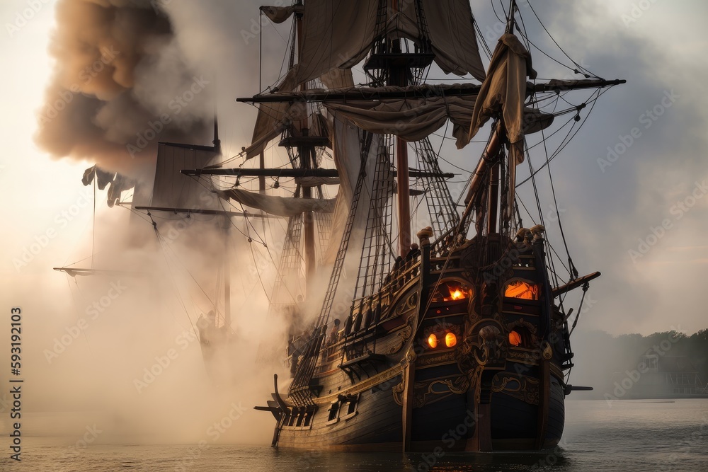pirate ship, with cannons firing and smoke rising into the air, created ...