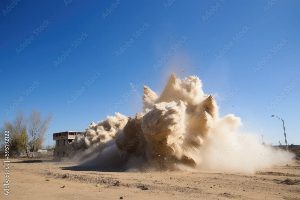 sand explosion during demolition of old building, with clouds of dust ...