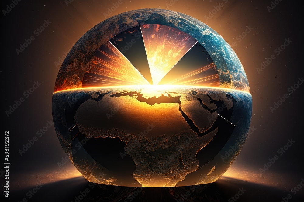 a sunrise over a globe, with rays of light emanating from the east and ...