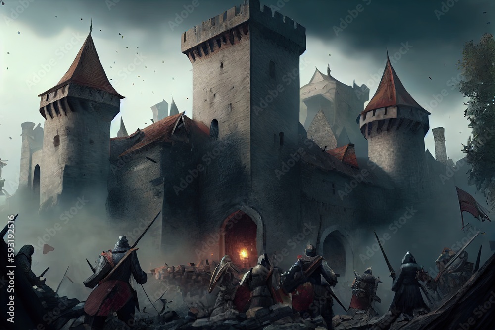 medieval castle under heavy siege, with armies of attackers and ...