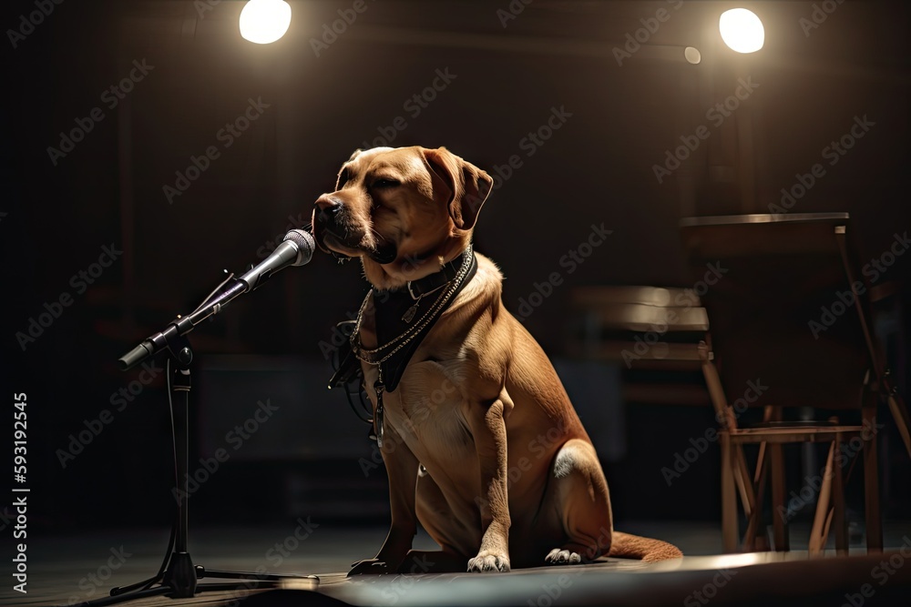 dog sitting on stage with guitar and microphone, ready to rock out in ...