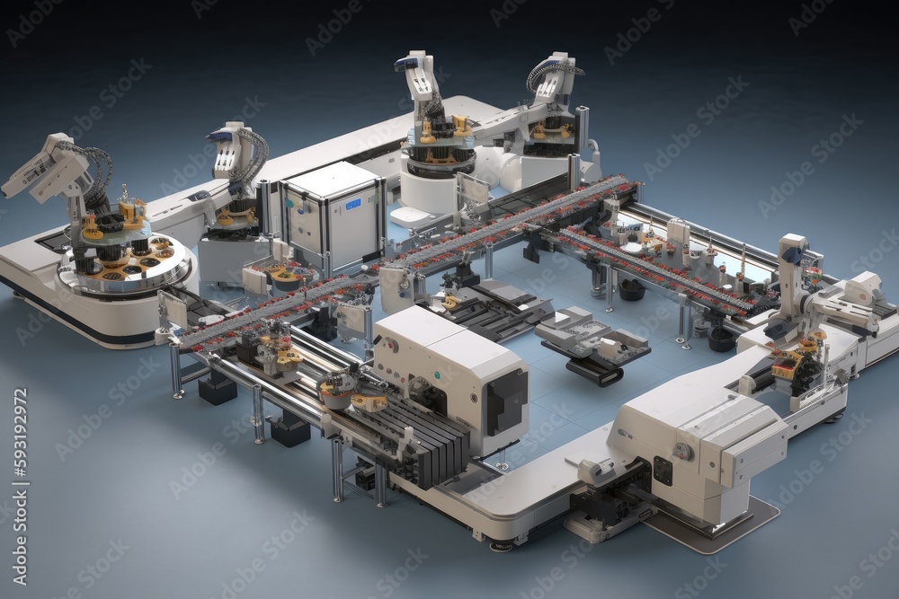 robotic assembly line, with conveyor belt system moving parts and ...