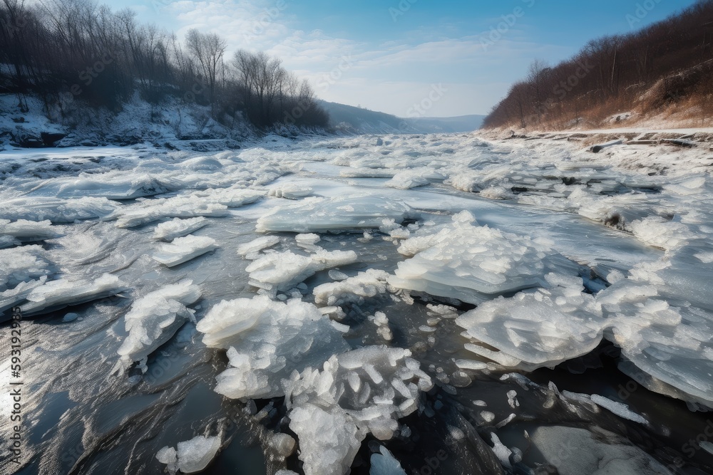 frozen river with broken ice, showing the current and flow of water ...