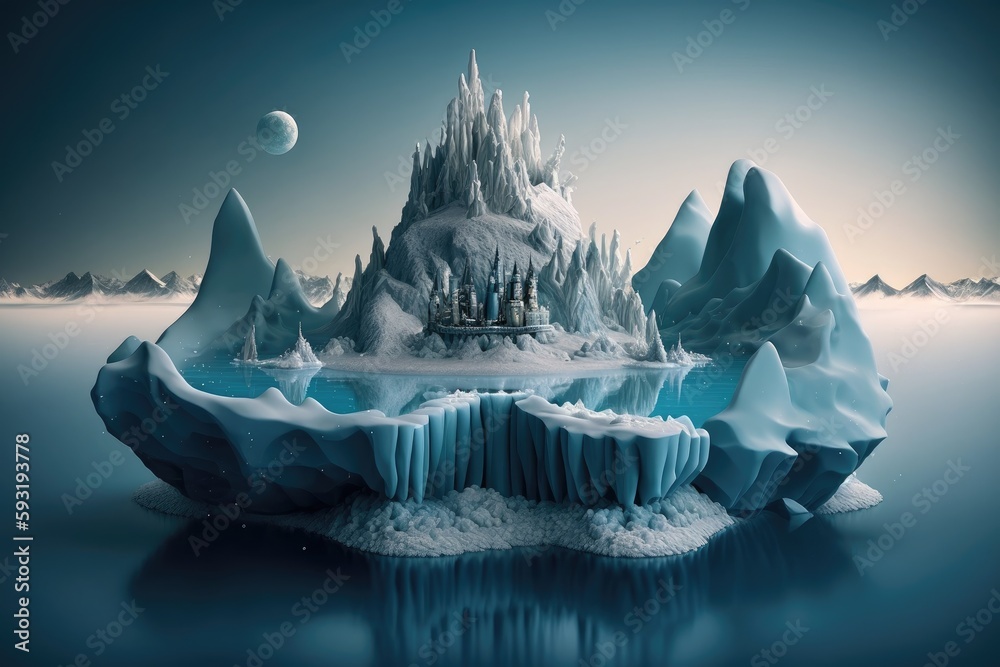the surreal float island, with a castle made of ice and snow in the ...