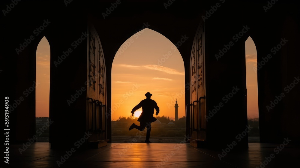 Black shadow silhoutte of man Whirling dervish under mosque door frame ...