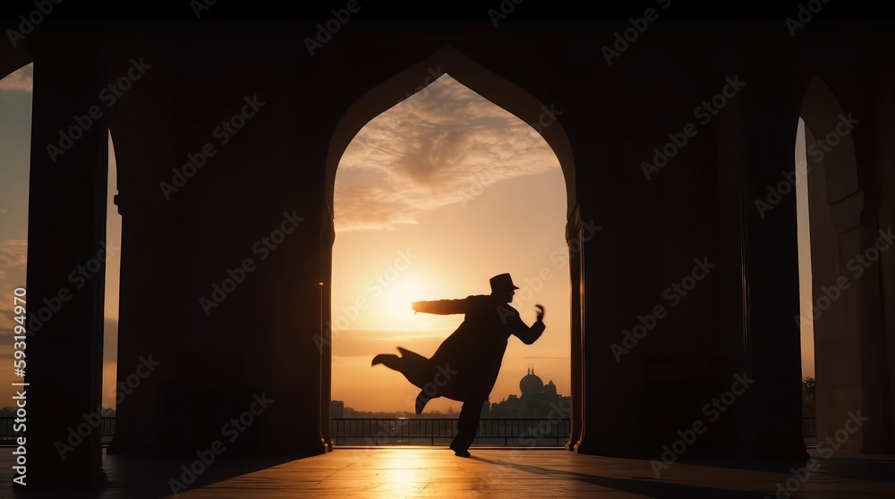 Black shadow silhoutte of man Whirling dervish under mosque door frame ...