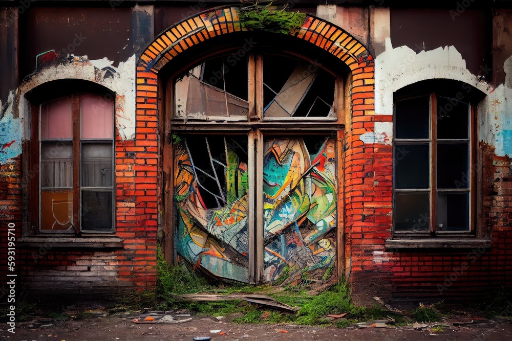 urban graffiti art on abandoned building, with broken windows and ...
