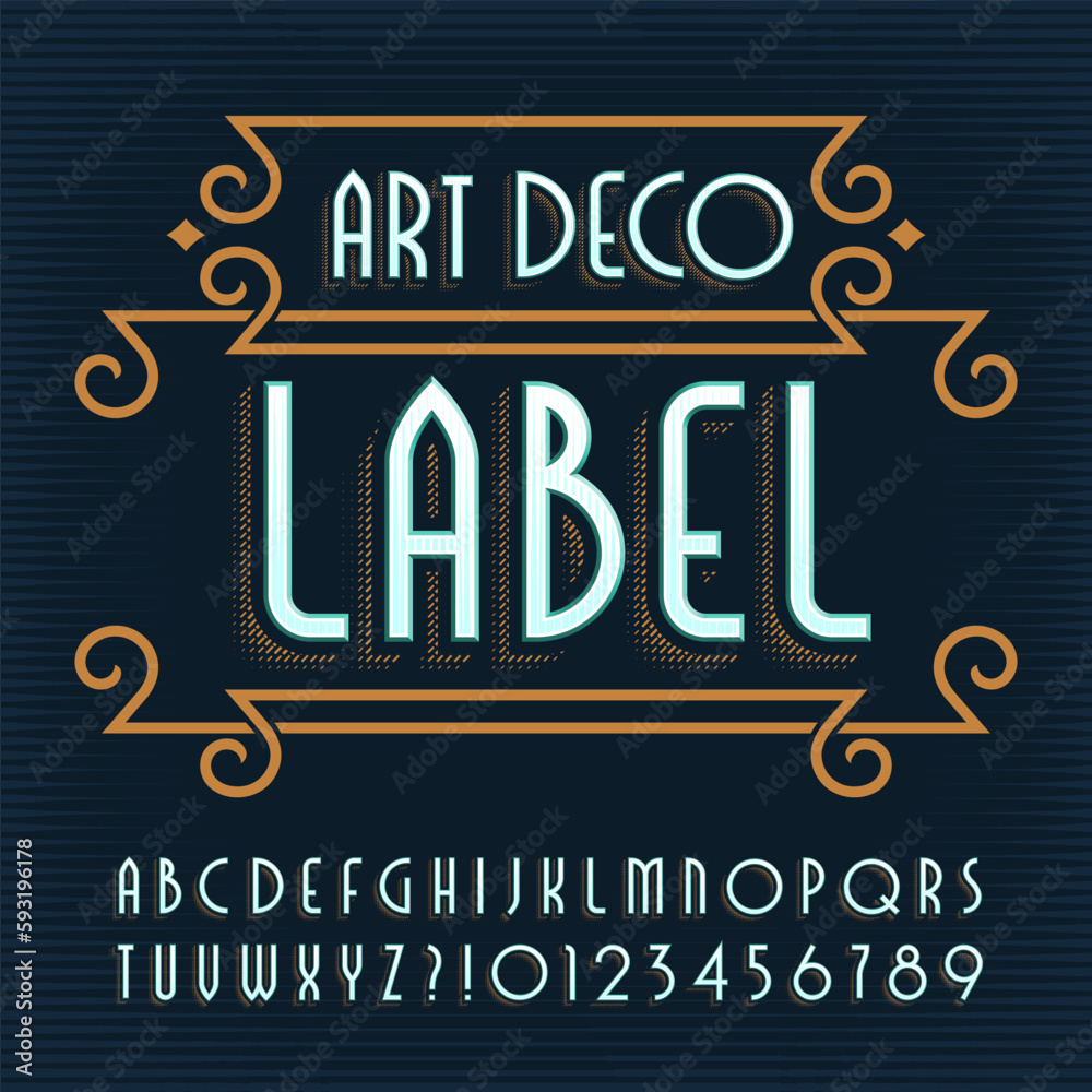 Art Deco Label alphabet font. Vintage letters and numbers. Vector ...