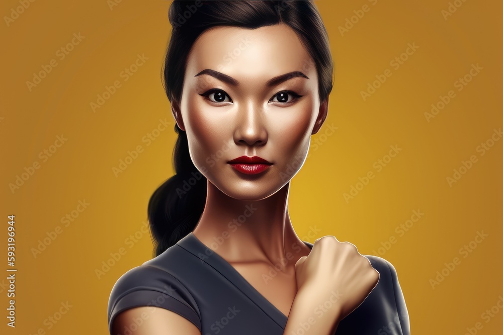 Strong powerful fictional AI generated woman. Asian Woman's day banner ...