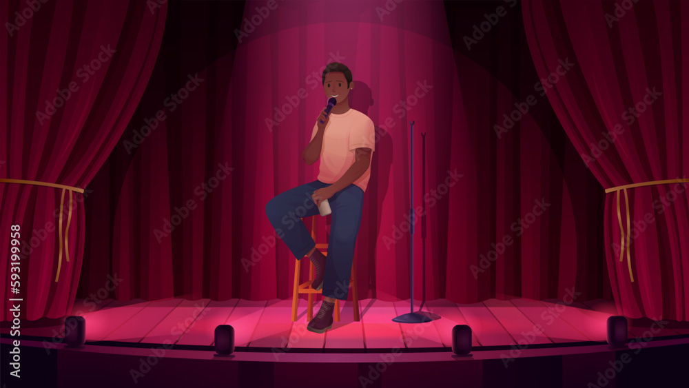 Vetor de Comedy show, stand up, open mic event with comedian on stage with red curtains vector ...